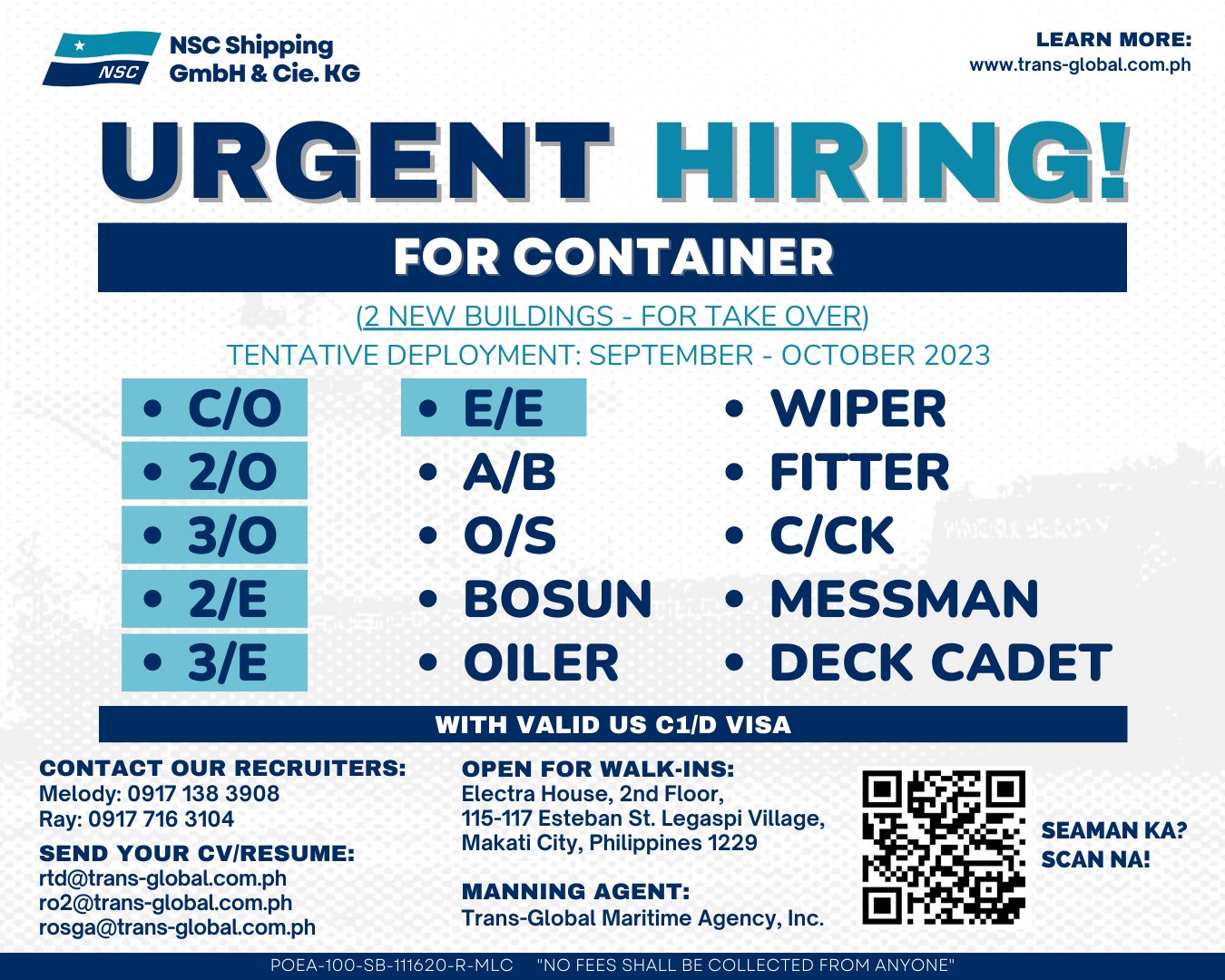 Sepetember to October 2023 : Container Ship Full Crew | NSC Shipping ...